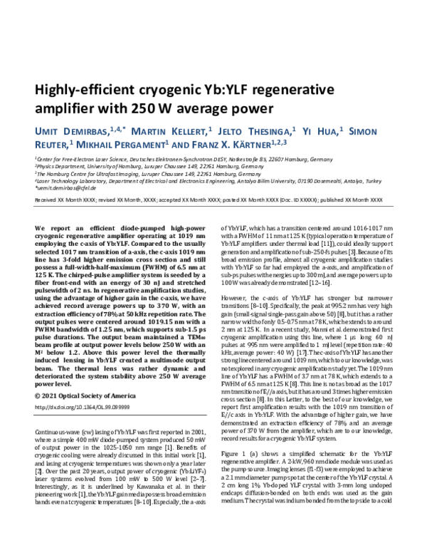 (PDF) Highly efficient cryogenic Yb:YLF regenerative amplifier with 250 ...