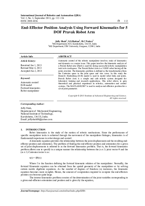 Pdf End Effector Position Analysis Using Forward Kinematics For 5 Dof