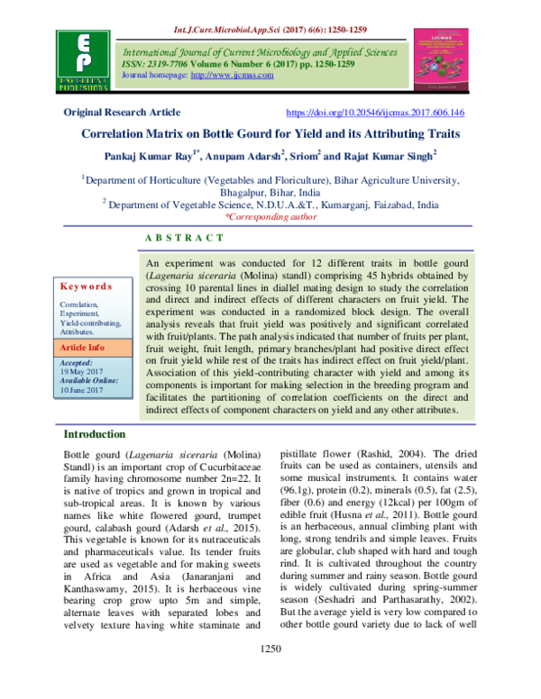 Pdf Correlation Matrix On Bottle Gourd For Yield And Its Attributing Traits Anupam Adarsh