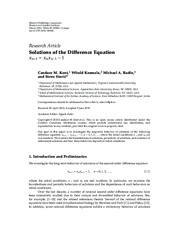 (PDF) Solutions of the Difference Equation
