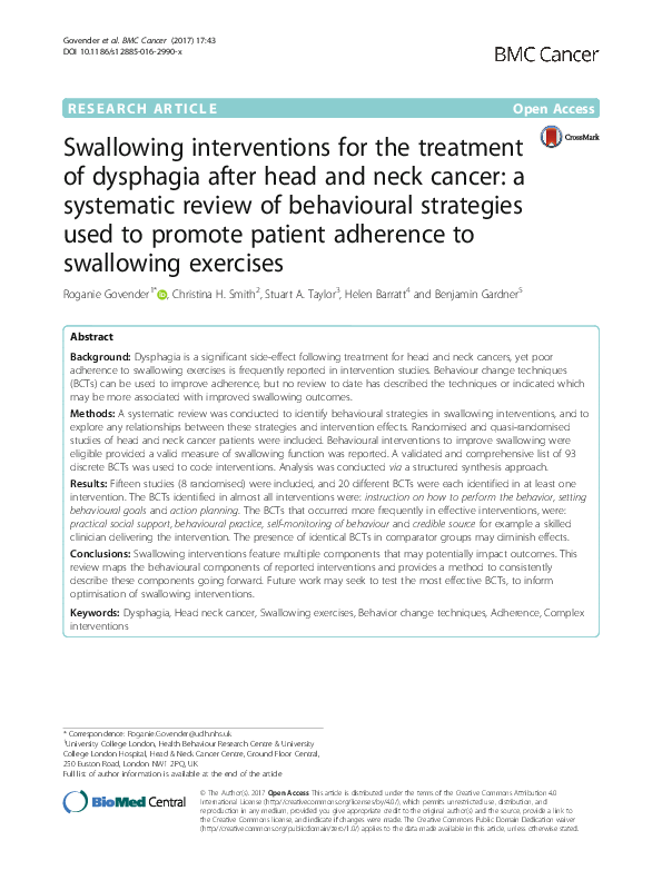(PDF) Swallowing interventions for the treatment of dysphagia after ...