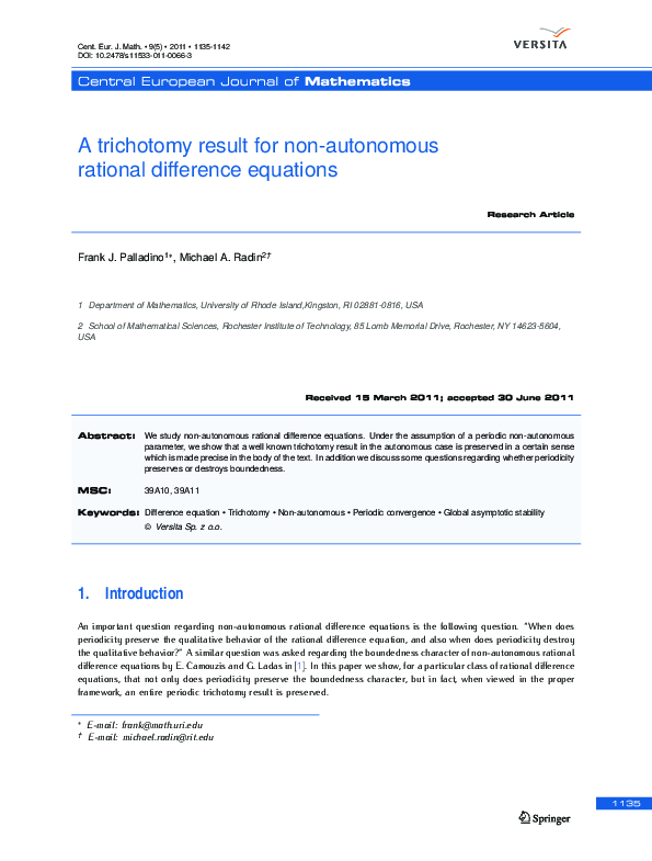 Pdf A Trichotomy Result For Non Autonomous Rational Difference Equations Michael Radin