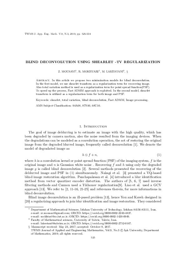 (PDF) Blind Deconvolution Using Shearlet TV Regularization