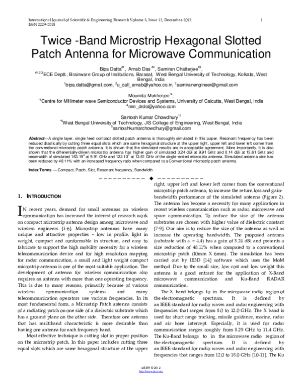(PDF) Twice -Band Microstrip Hexagonal Slotted Patch Antenna for Microwave Communication