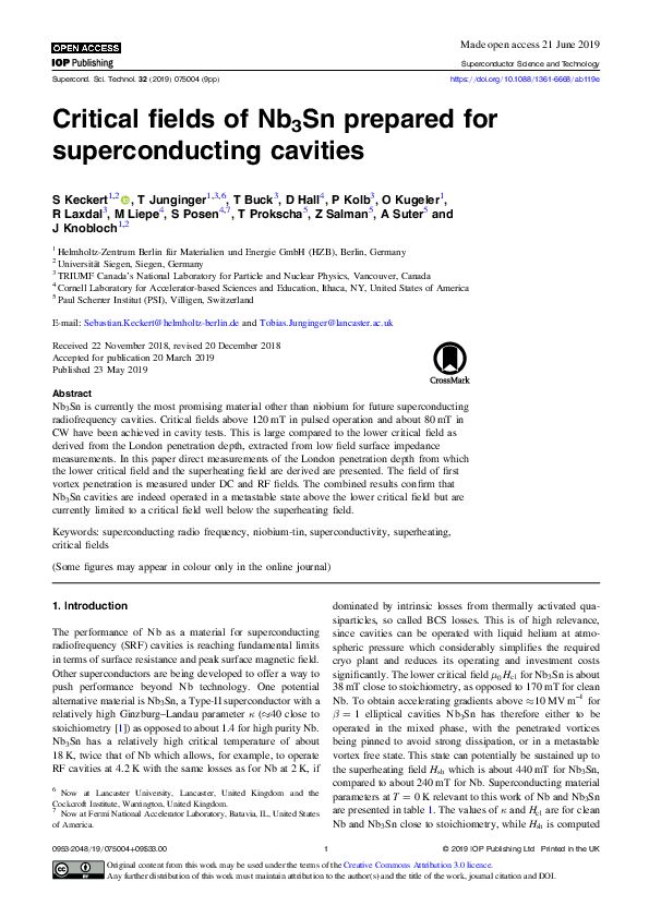(PDF) Critical fields of Nb3Sn prepared for superconducting cavities
