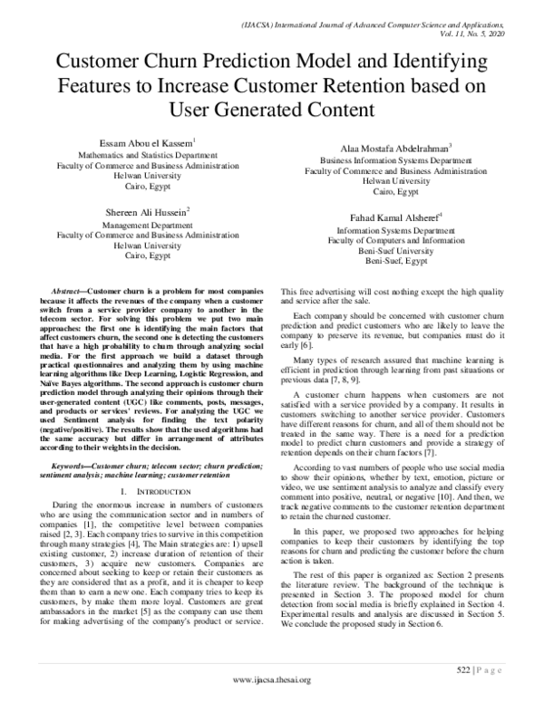 (PDF) Customer Churn Prediction Model and Identifying Features to Increase Customer Retention ...