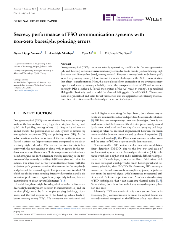 Pdf Secrecy Performance Of Fso Communication Systems With Non‐zero Boresight Pointing Errors