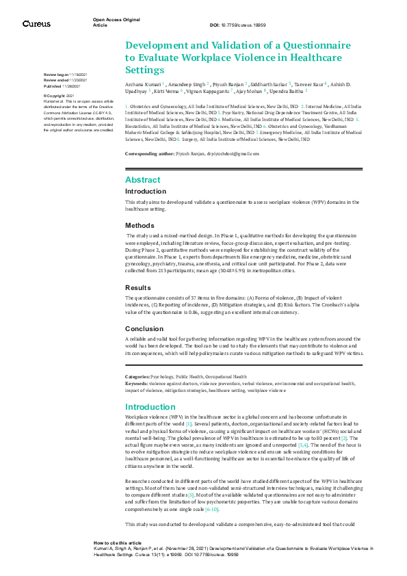 (PDF) Development and Validation of a Questionnaire to Evaluate Workplace Violence in Healthcare ...