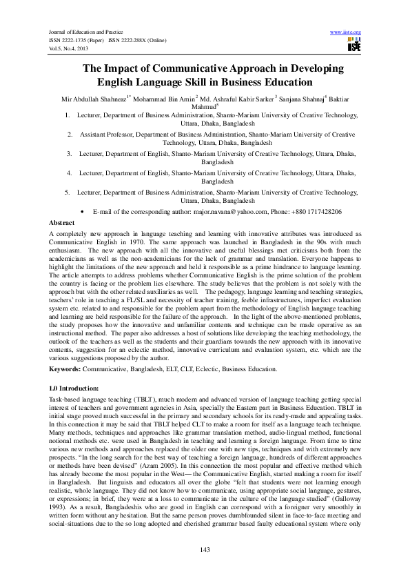 (PDF) The Impact of Communicative Approach in Developing English Language Skill in Business ...