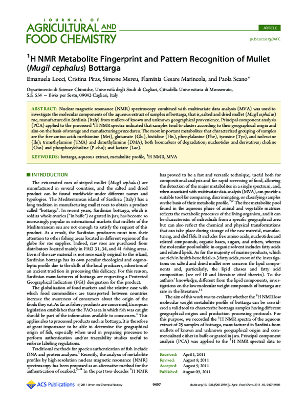 Pdf 1h Nmr Metabolite Fingerprint And Pattern Recognition Of Mullet Mugil Cephalus Bottarga