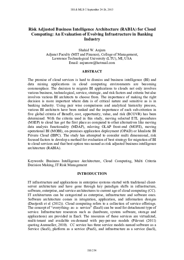 (PDF) Risk Adjusted Business Intelligence Architecture (RABIA) for Cloud Computing: An ...