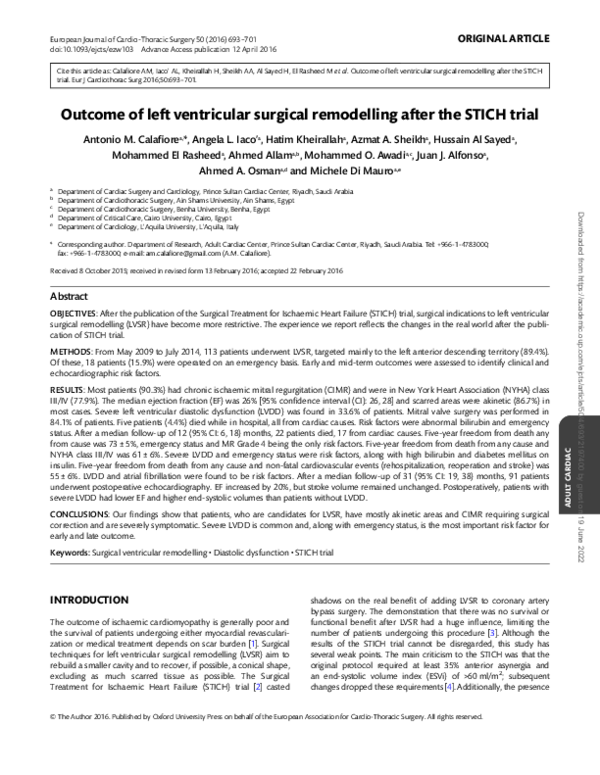 (PDF) Outcome of left ventricular surgical remodelling after the STICH ...