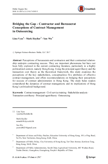 (PDF) Bridging the Gap - Contractor and Bureaucrat Conceptions of Contract Management in Outsourcing