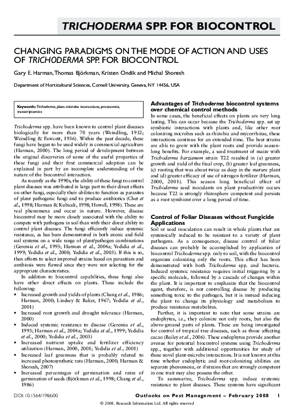 (PDF) Changing Paradigms on the Mode of Action and Uses of Trichoderma spp. for Biocontrol
