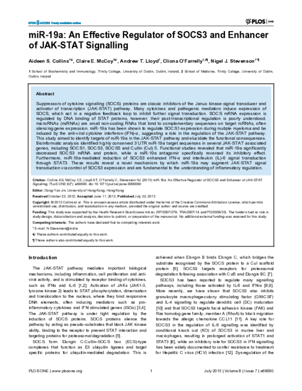 (PDF) miR-19a: An Effective Regulator of SOCS3 and Enhancer of JAK-STAT ...