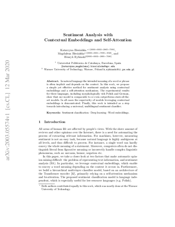 (PDF) Sentiment Analysis with Contextual Embeddings and Self-attention