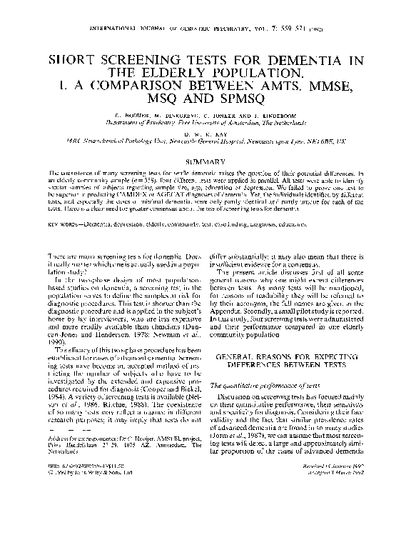 (PDF) Short screening tests for dementia in the elderly population. I ...