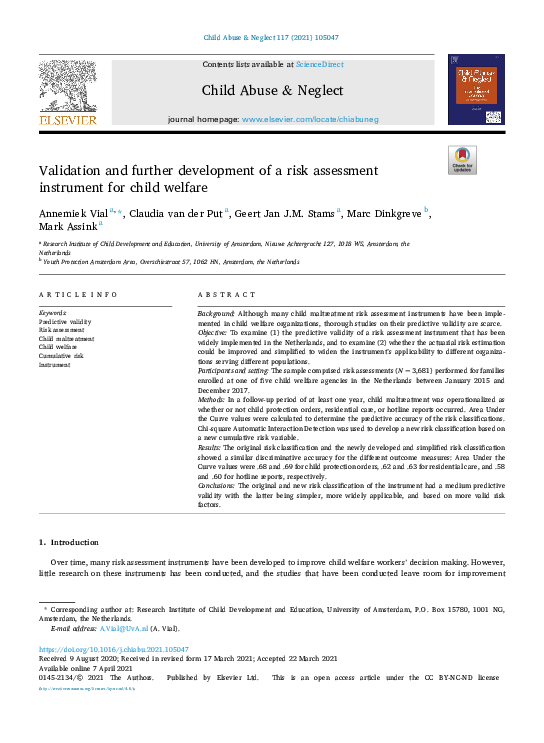 (PDF) Validation and further development of a risk assessment instrument for child welfare