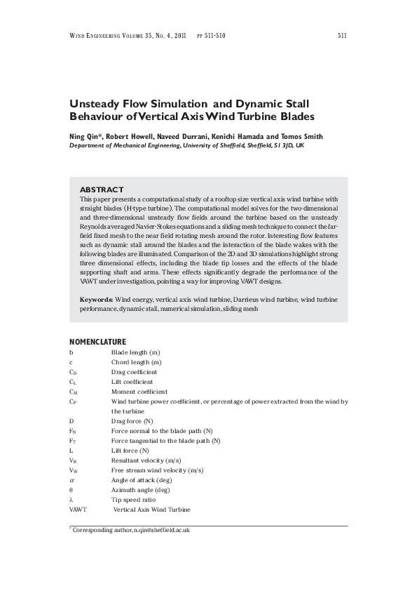 Pdf Unsteady Flow Simulation And Dynamic Stall Behaviour Of Vertical