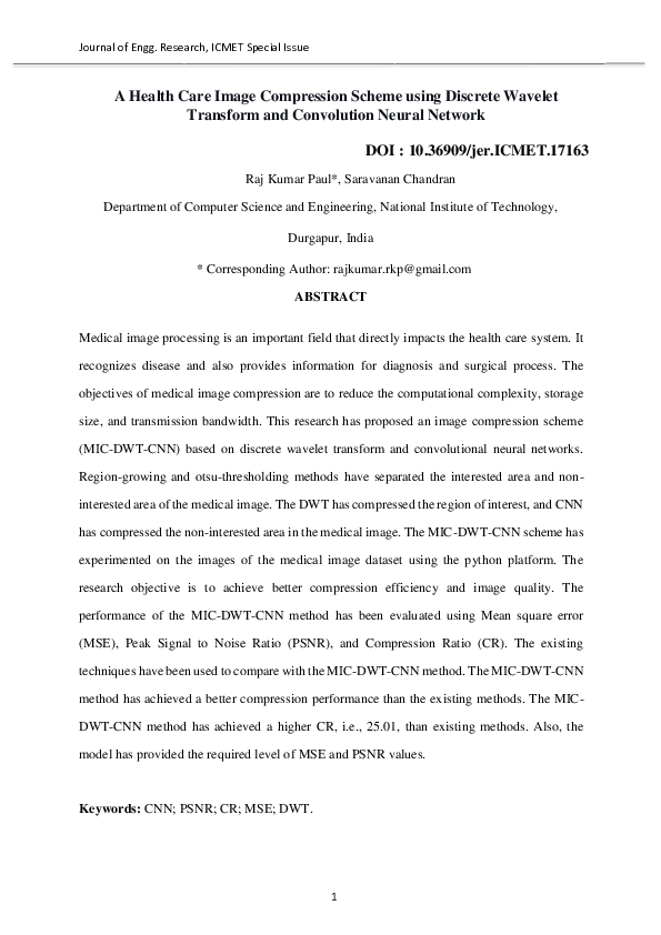(PDF) A Health Care Image Compression Scheme using Discrete Wavelet Transform and Convolution ...