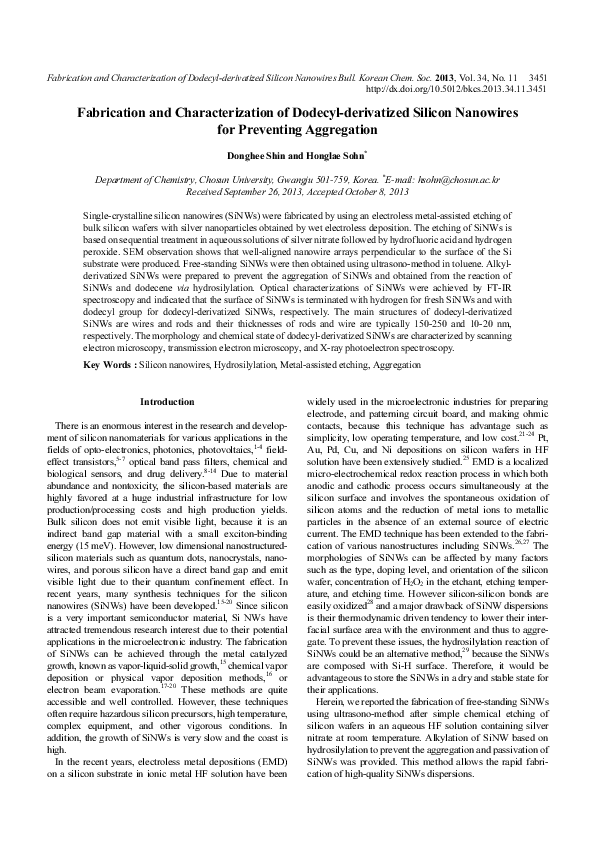 (PDF) Fabrication and Characterization of Dodecyl-derivatized Silicon Nanowires for Preventing ...