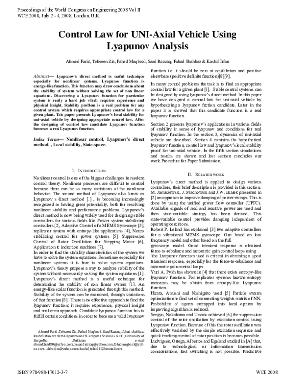 (PDF) Control Law for UNI-Axial Vehicle Using Lyapunov Analysis