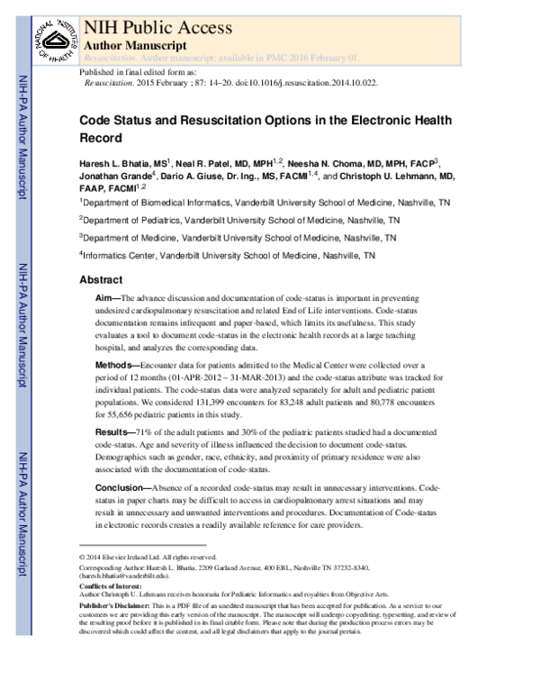 (PDF) Code status and resuscitation options in the electronic health record