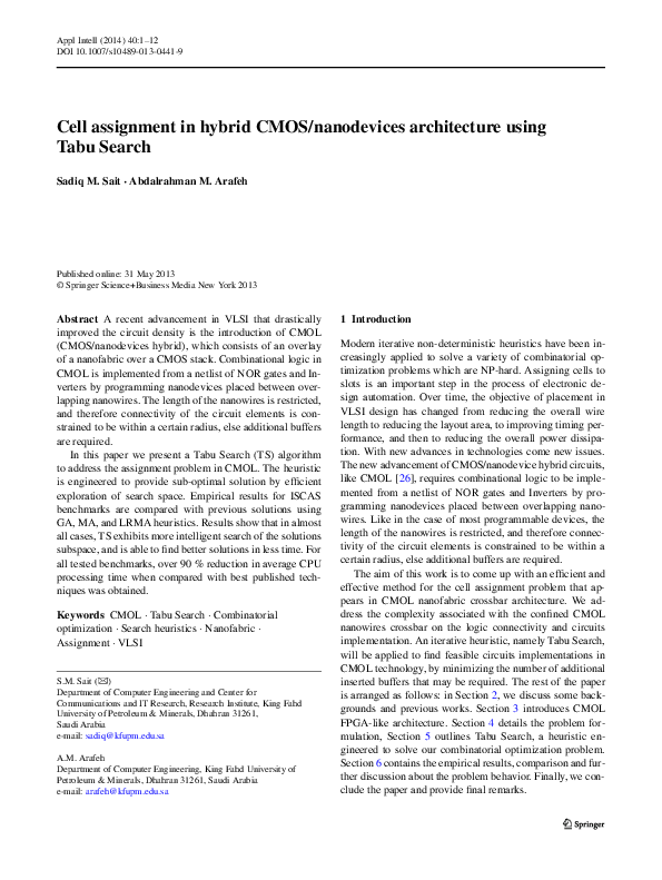 (PDF) Cell assignment in hybrid CMOS/nanodevices architecture using Tabu Search