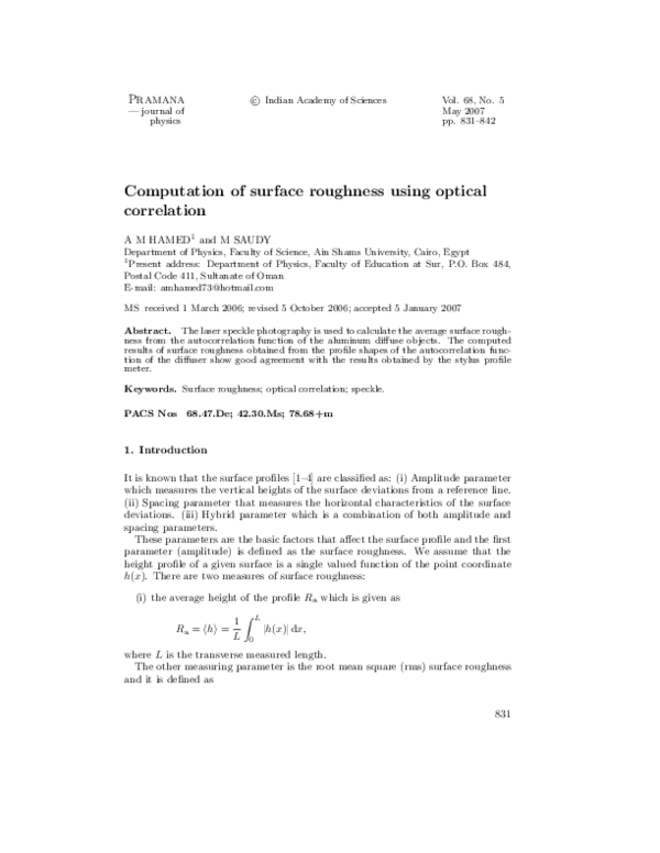 (PDF) Computation of surface roughness using optical correlation