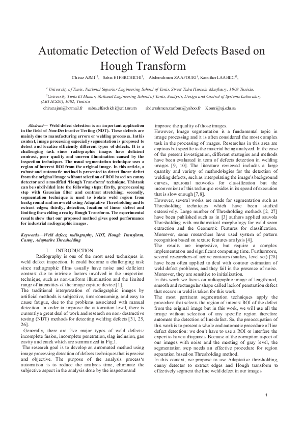 Pdf Automatic Detection Of Weld Defects Based On Hough Transform