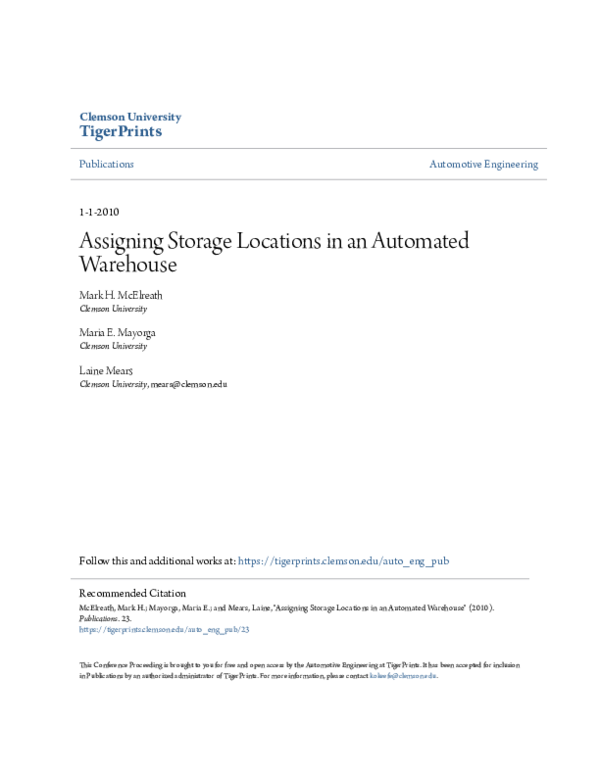 (PDF) Assigning Storage Locations in an Automated Warehouse