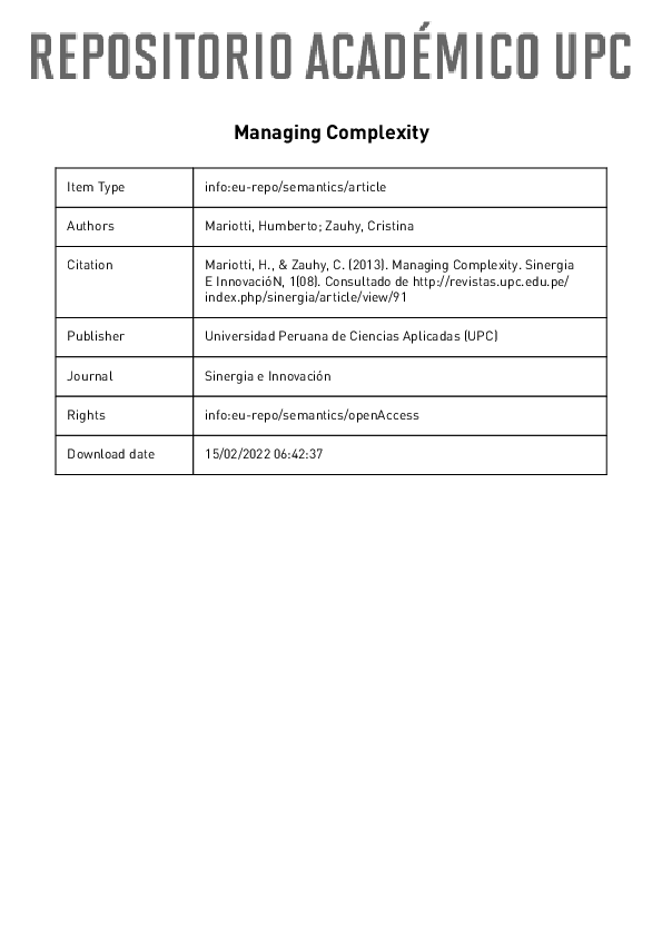 (PDF) MANAGING COMPLEXITY Conceptual and Practical Tools. Analysis of Examples