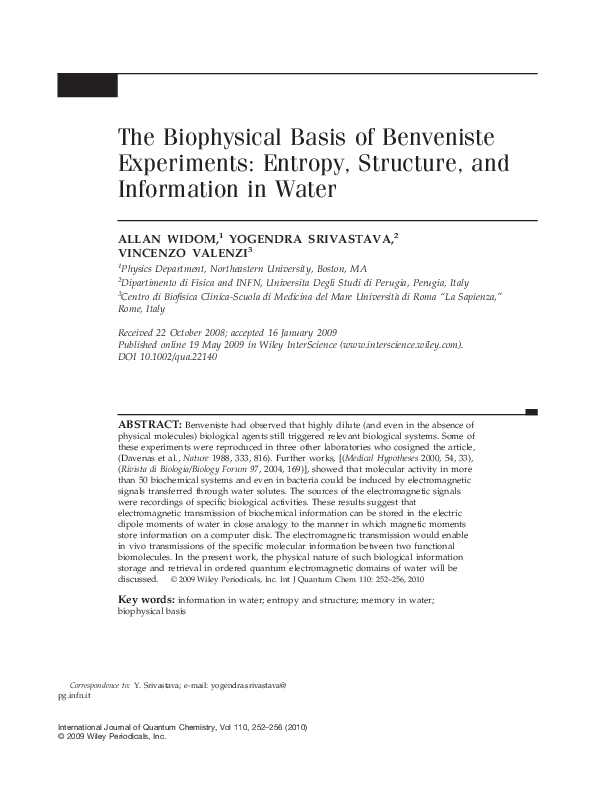 (PDF) The biophysical basis of Benveniste experiments: Entropy ...