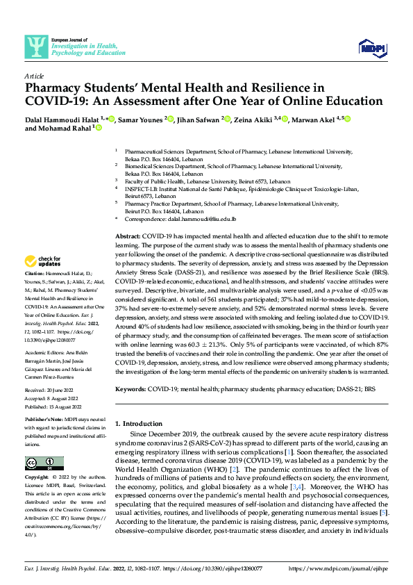 (PDF) Pharmacy Students’ Mental Health and Resilience in COVID-19: An ...