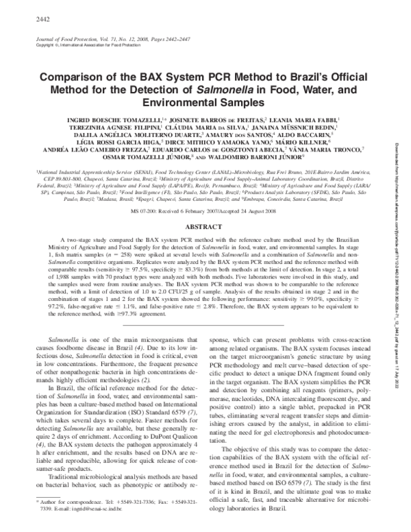 (PDF) Comparison of the BAX System PCR Method to Brazil's Official ...