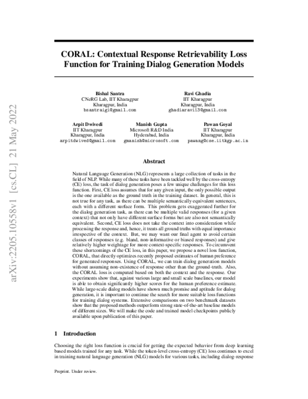 (PDF) CORAL: Contextual Response Retrievability Loss Function for Training Dialog Generation Models
