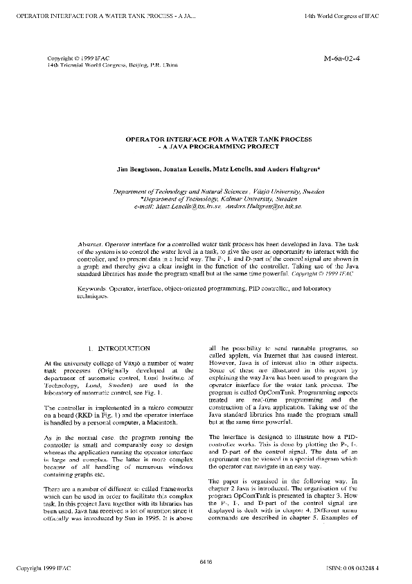 Pdf Operator Interface For A Water Tank Process A Java Programming Project Anders Hultgren
