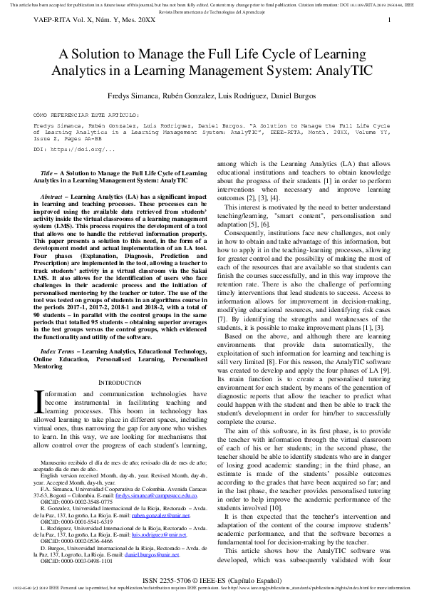 Pdf A Solution To Manage The Full Life Cycle Of Learning Analytics In 4845