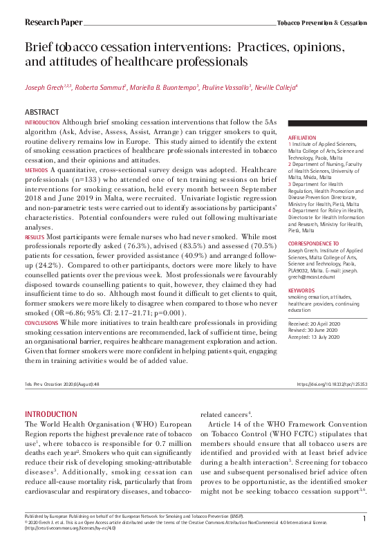 (PDF) Brief tobacco cessation interventions: Practices, opinions, and ...