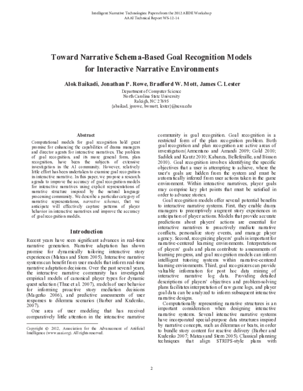 (PDF) Toward Narrative Schema-Based Goal Recognition Models for Interactive Narrative Environments