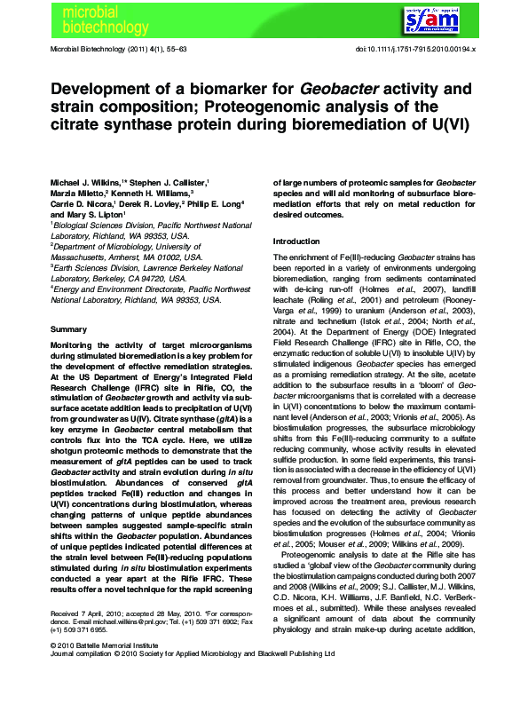 (PDF) Development of a biomarker for Geobacter activity and strain ...
