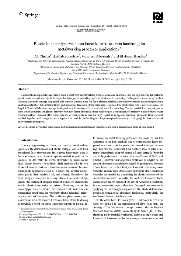 Pdf Plastic Limit Analysis With Non Linear Kinematic Strain Hardening For Metalworking 