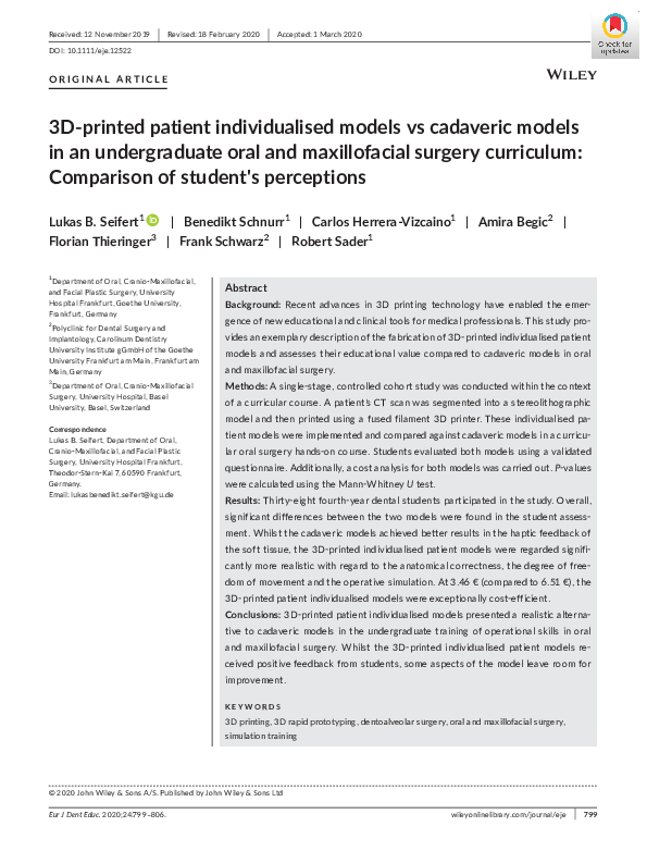 (PDF) 3D‐printed patient individualised models vs cadaveric models in ...