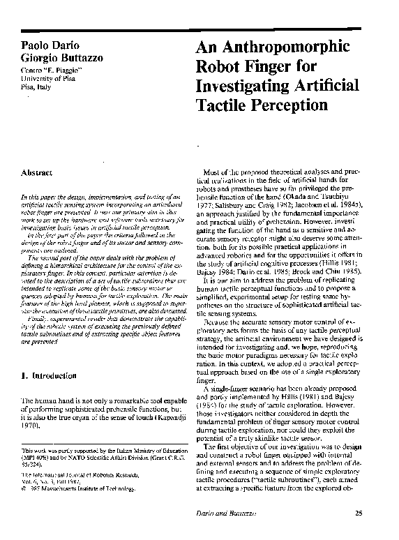 (PDF) An Anthropomorphic Robot Finger for Investigating Artificial ...