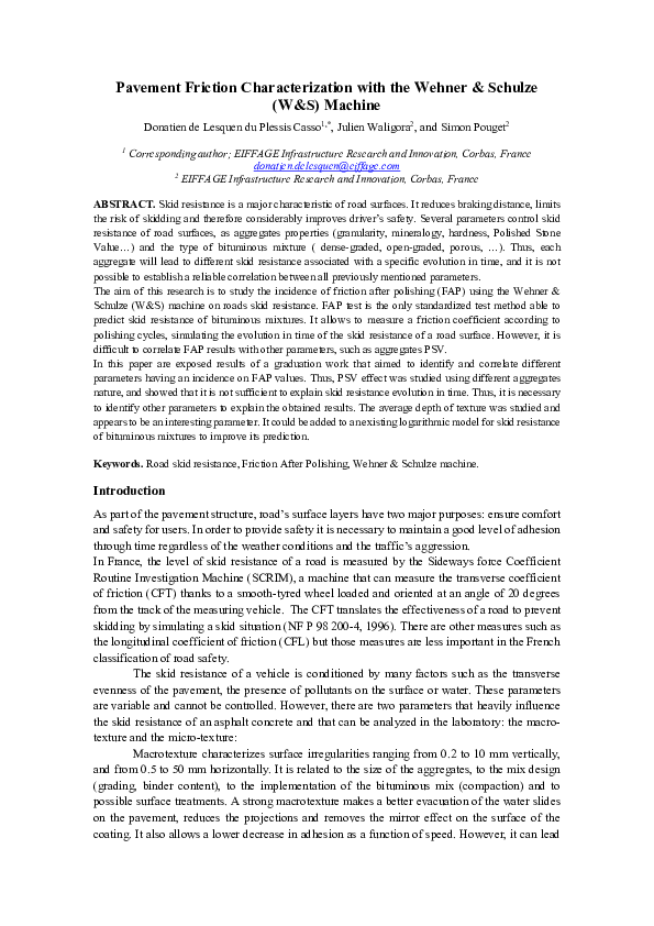 (PDF) Pavement Friction Characterization with the Wehner & Schulze (W&S ...