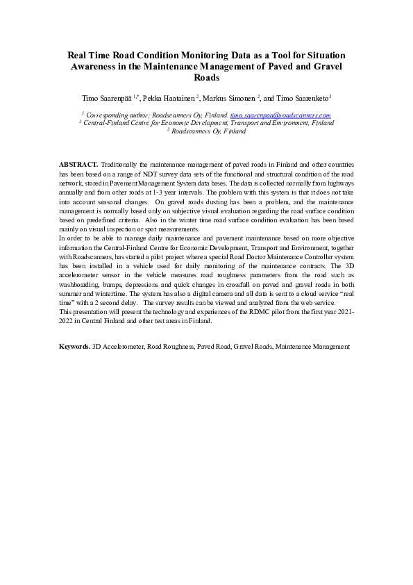Real Time Road Condition Monitoring Data As A Tool For Situation Awareness In The Maintenance