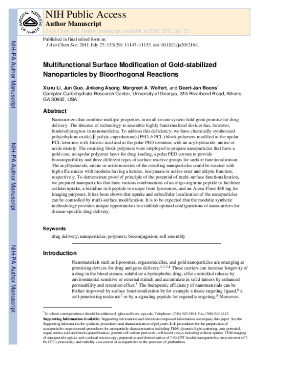 (PDF) Multifunctional Surface Modification of Gold-Stabilized ...
