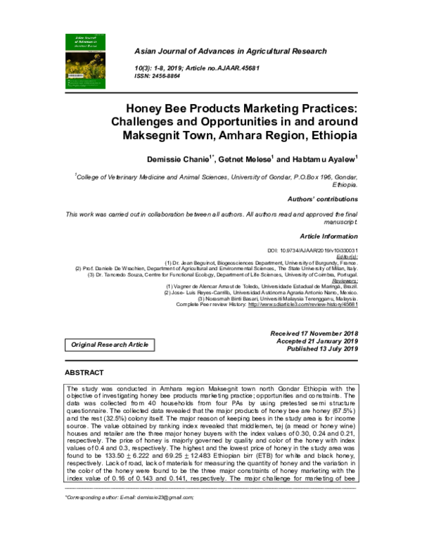 (PDF) Honey Bee Products Marketing Practices: Challenges and ...