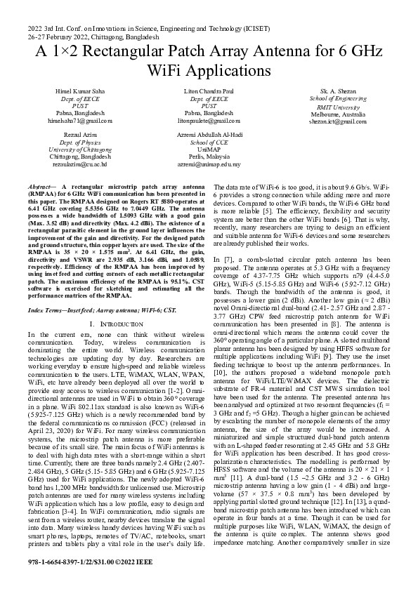 (PDF) A 1 × 2 Rectangular Patch Array Antenna for 6 GHz WiFi Applications