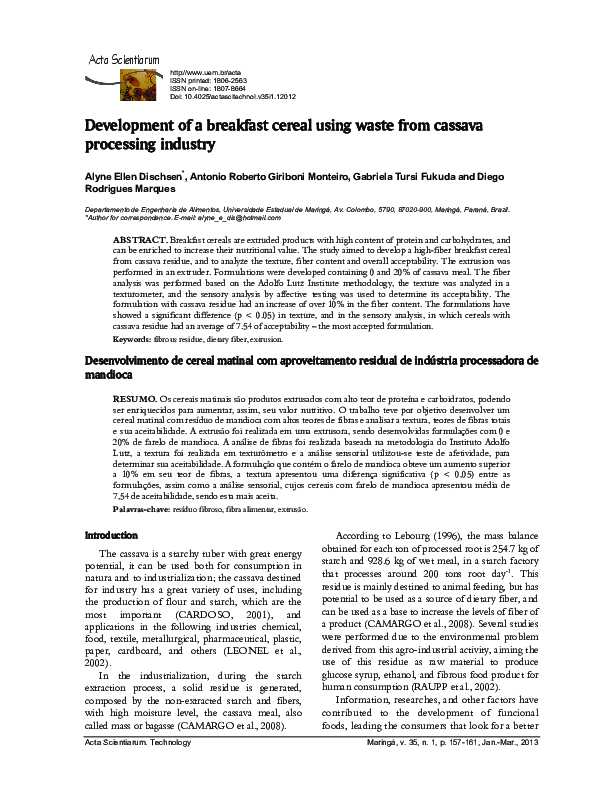 (PDF) Development of a breakfast cereal using waste from cassava processing industry